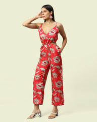 Linen Red Floral Cut-out Jumpsuit | Shop Floral Jumpsuit for Women
