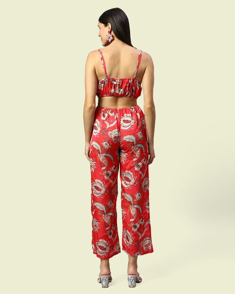 Linen Red Floral Cut-out Jumpsuit | Shop Floral Jumpsuit for Women